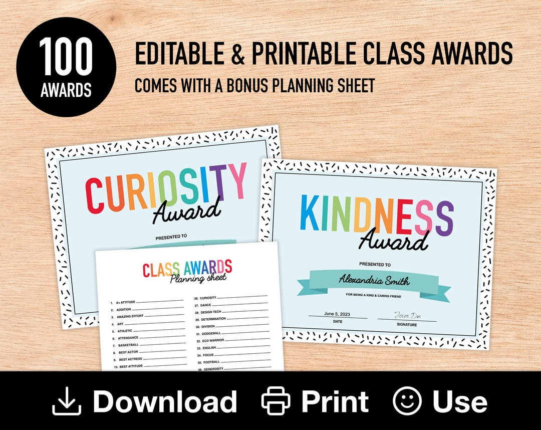 100 Editable Class Awards, Printable Certificates for Teachers, End of ...