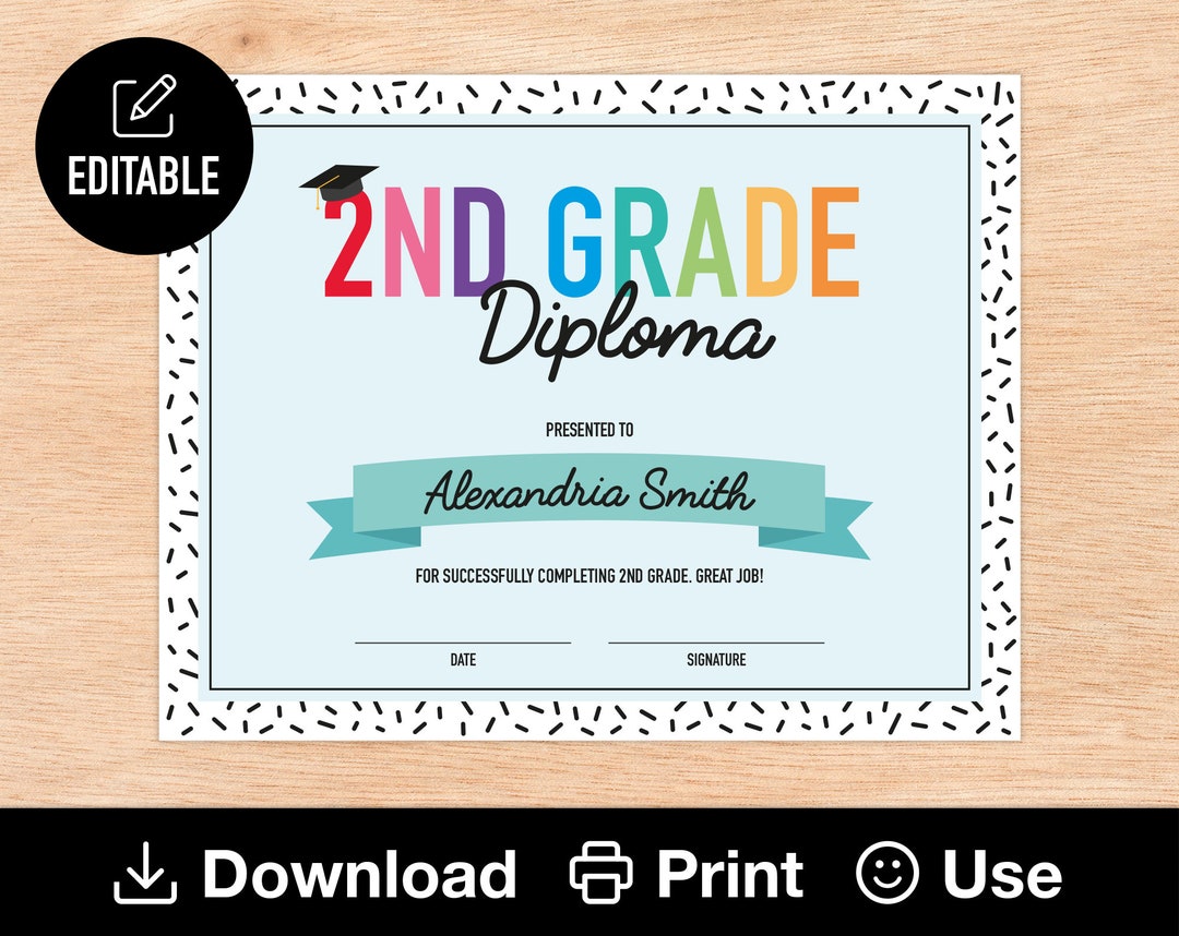 Editable 2nd Grade Diploma: Rainbow Graduation Certificate (digital ...