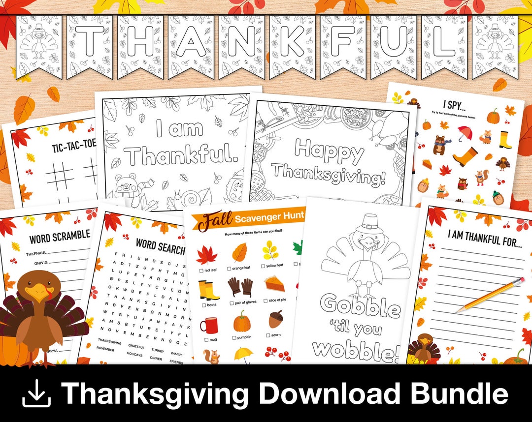 Kids Thanksgiving Activity Printable Bundle, “I Am Thankful” Coloring ...