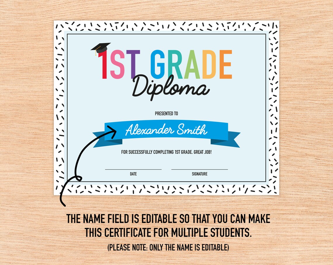 Editable 1st Grade Diploma Printable Certificate for Class - Etsy UK