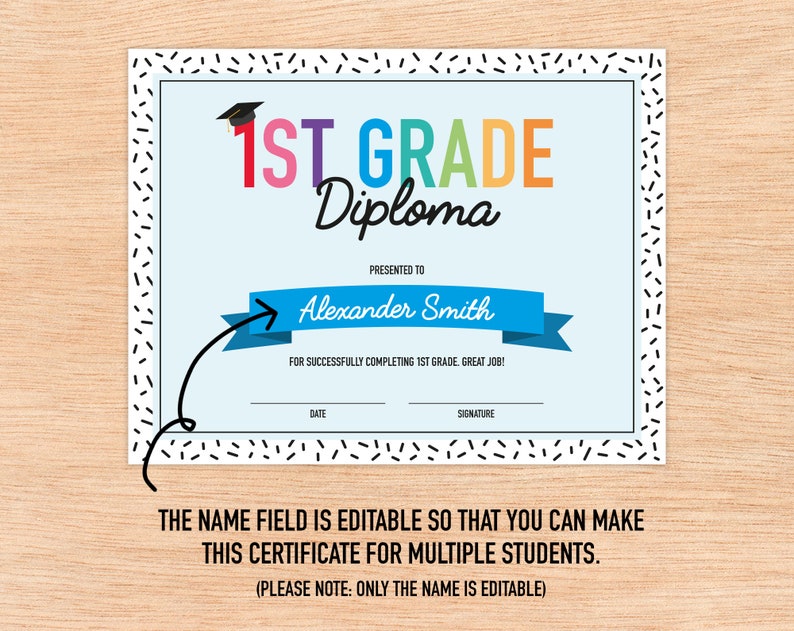 Editable 1st Grade Diploma Printable Certificate for Class - Etsy UK