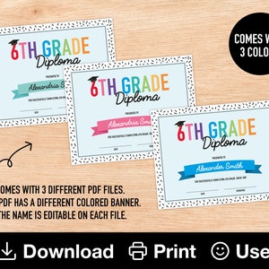 Editable 6th Grade Diploma, Printable Certificate for Class, End of ...