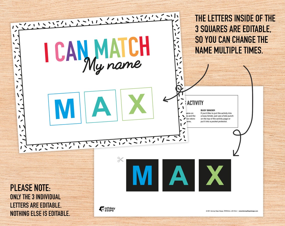 Editable Name Matching Activity 3 Letter Name I Can Spell - Etsy