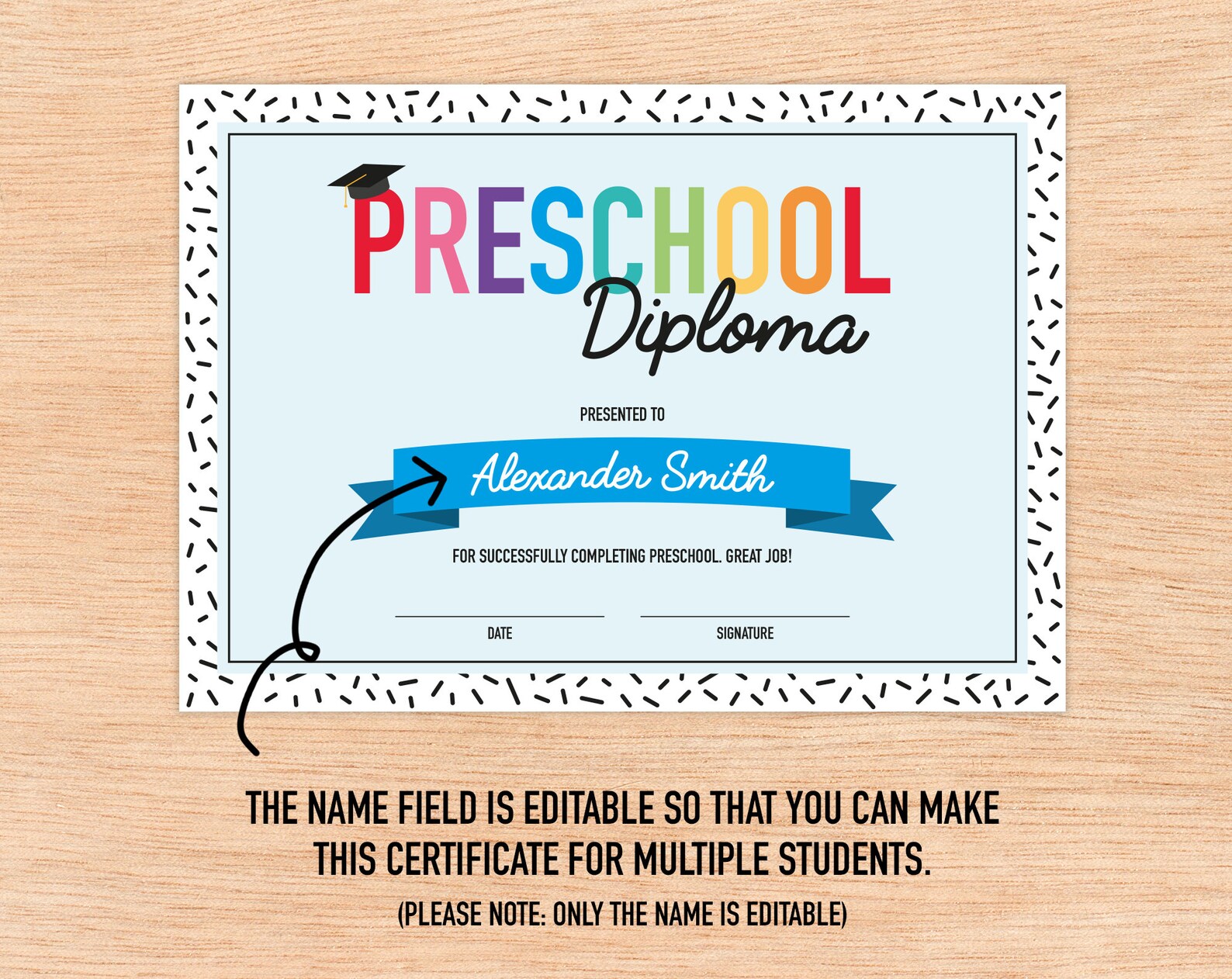 Editable A4 Preschool Diploma, Pre-k Class Printable Certificate, End ...