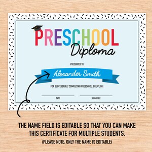 Editable A4 Preschool Diploma, Pre-k Class Printable Certificate, End ...