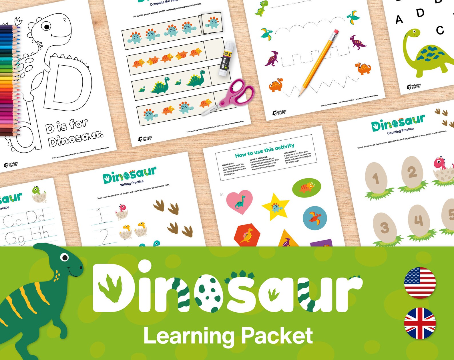 Dinosaur Themed Printable Learning Packet, 20 Preschool Worksheets ...