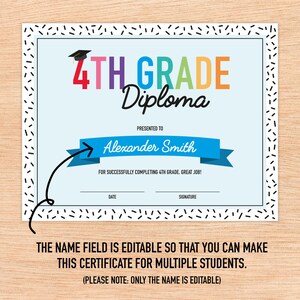 Editable 4th Grade Diploma: Rainbow Graduation Certificate (digital ...