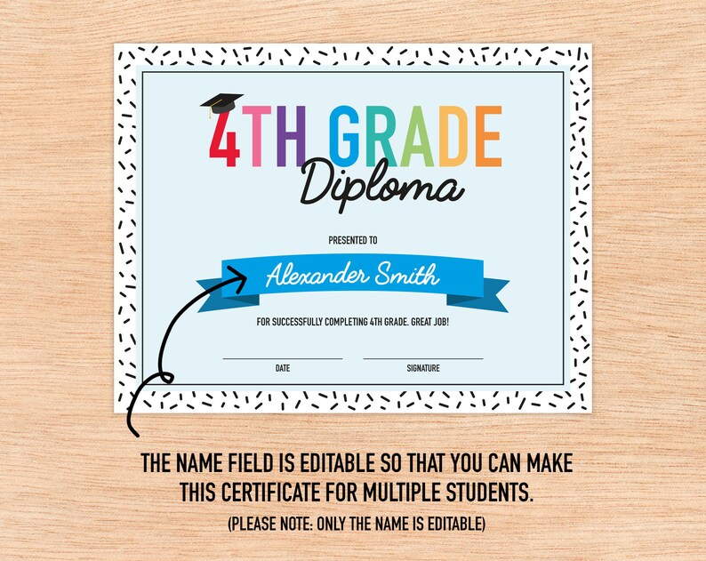 Editable 4th Grade Diploma: Rainbow Graduation Certificate (digital ...
