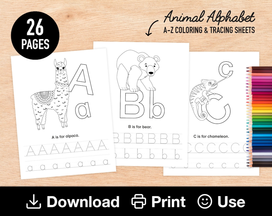 A-Z Animal Alphabet Tracing & Coloring Worksheets 26 - Etsy