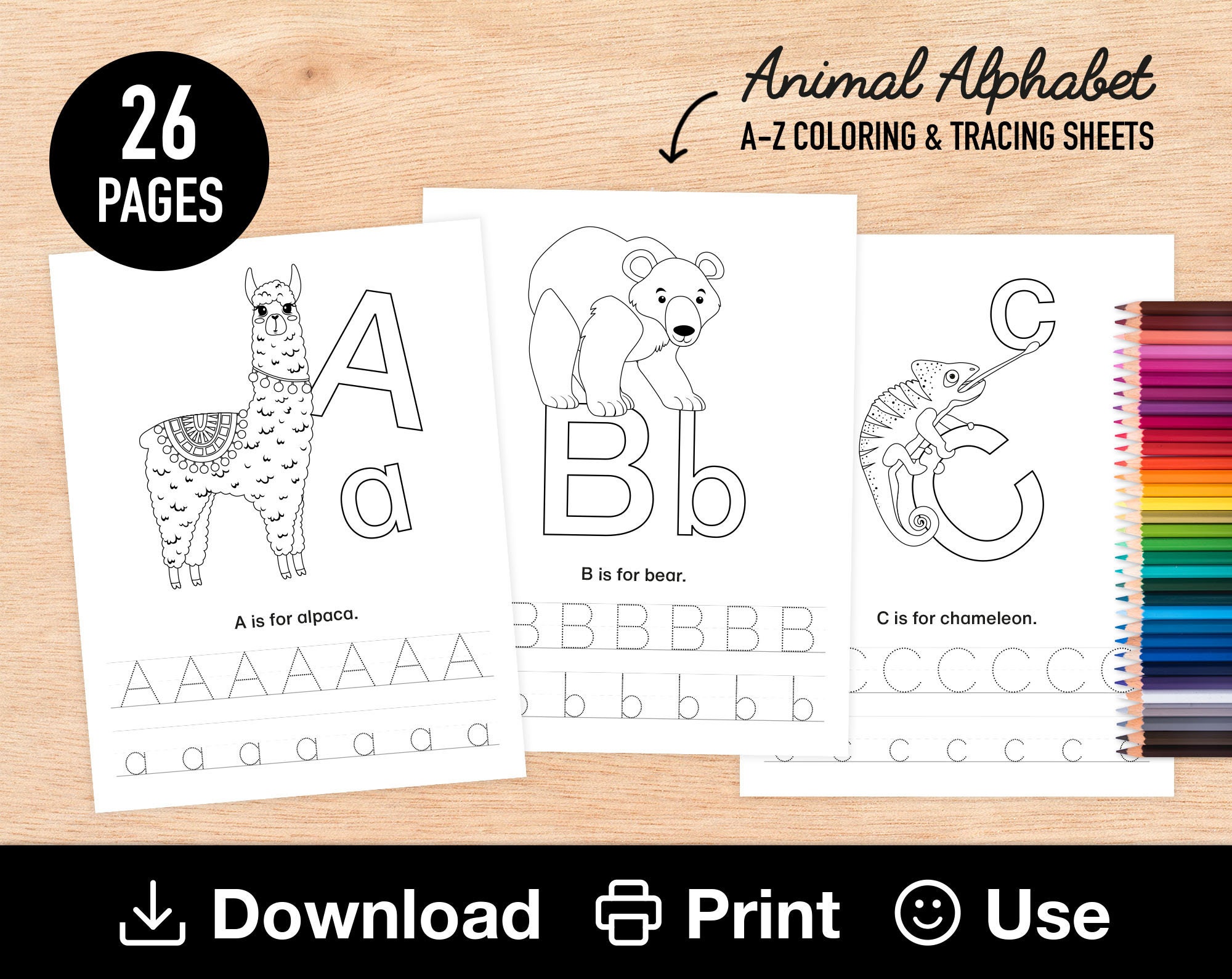 A-Z Animal Alphabet Tracing & Coloring Worksheets 26 - Etsy