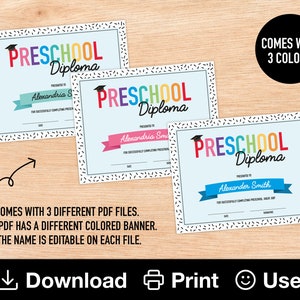 Editable Preschool Diploma, Printable Certificate for Pre-k Class, End ...