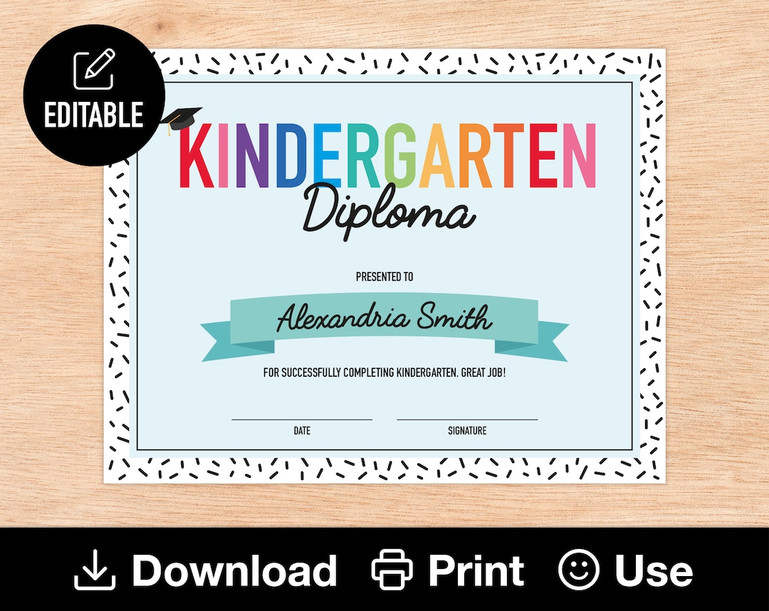 Editable Rainbow Kindergarten Diploma: Printable Graduation Certificate ...