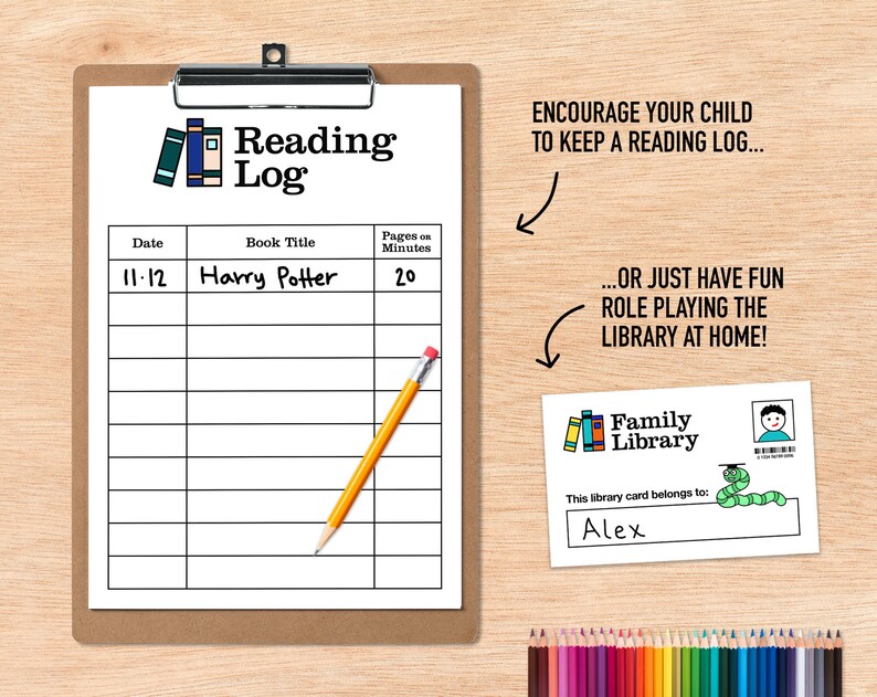 Library Role Play Printable: Kids Reading Log & Library Card (digital ...