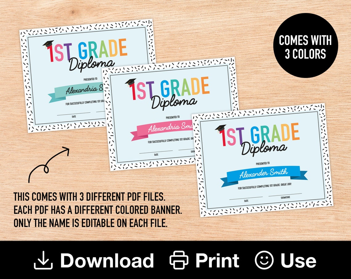 Editable 1st Grade Diploma Printable Certificate for Class - Etsy UK