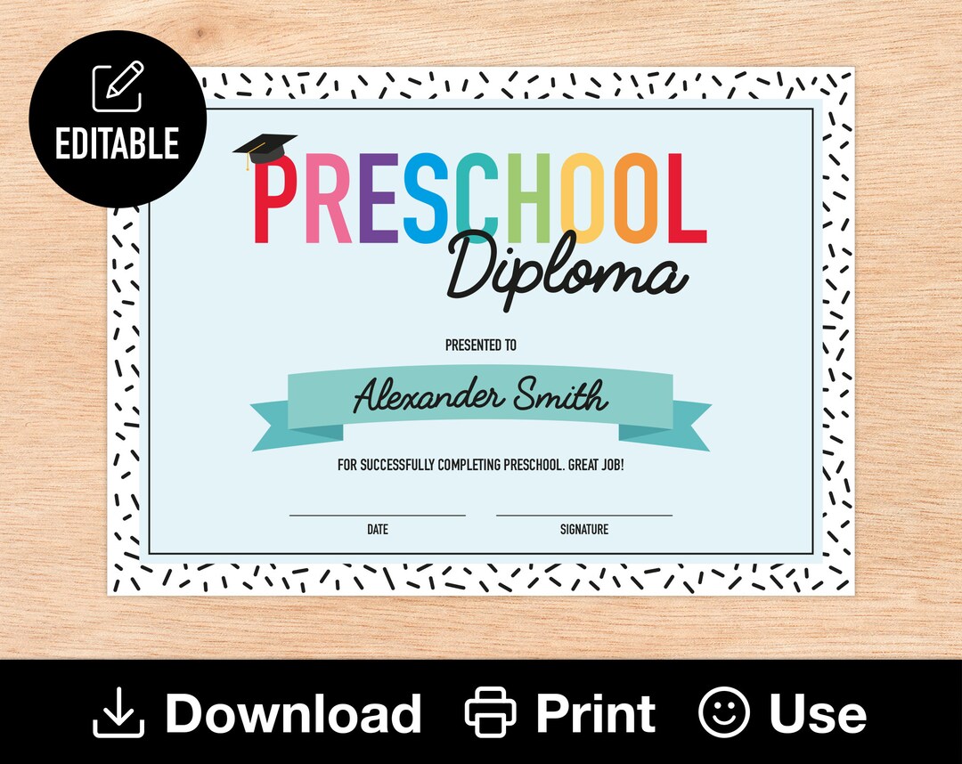 Editable A4 Preschool Diploma, Pre-k Class Printable Certificate, End ...