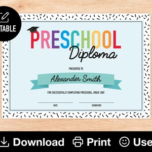 Editable A4 Preschool Diploma, Pre-k Class Printable Certificate, End ...