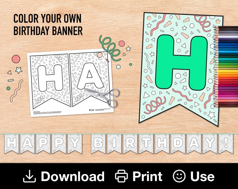Happy Birthday Printable Coloring Banner, Kids' Creative Activity, Make ...