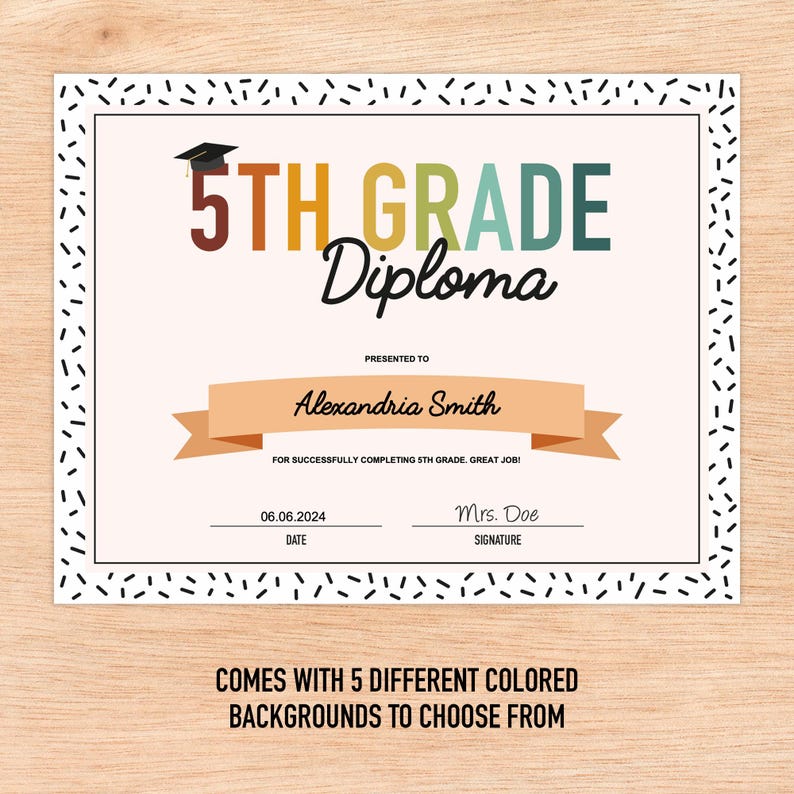 Editable 5th Grade Diploma (powerpoint), Printable Graduation ...