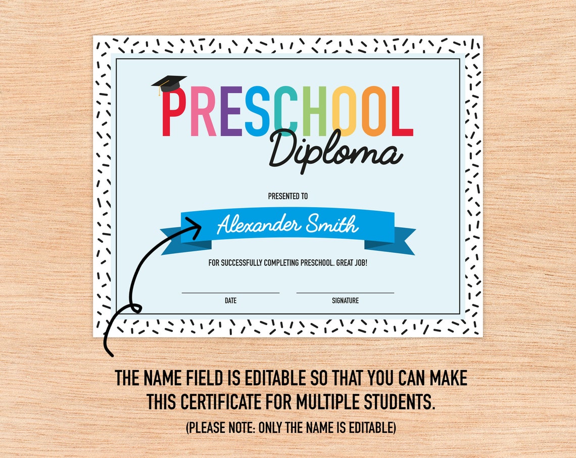 Editable Preschool Diploma Printable Certificate for Pre-k | Etsy UK