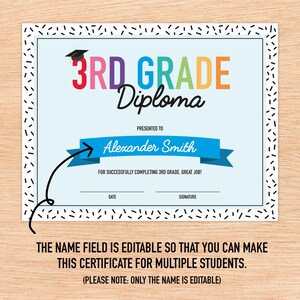 Editable 3rd Grade Diploma, Printable Certificate for Class, End of ...
