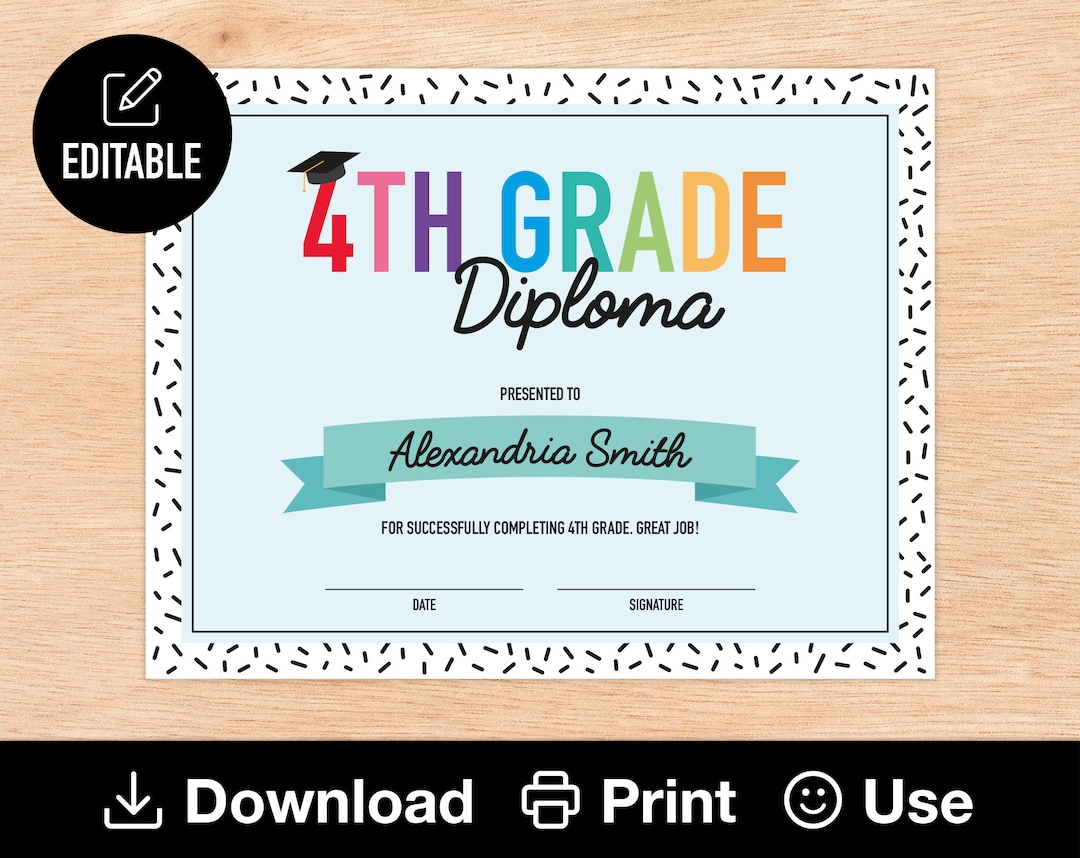 Editable 4th Grade Diploma: Rainbow Graduation Certificate (digital ...