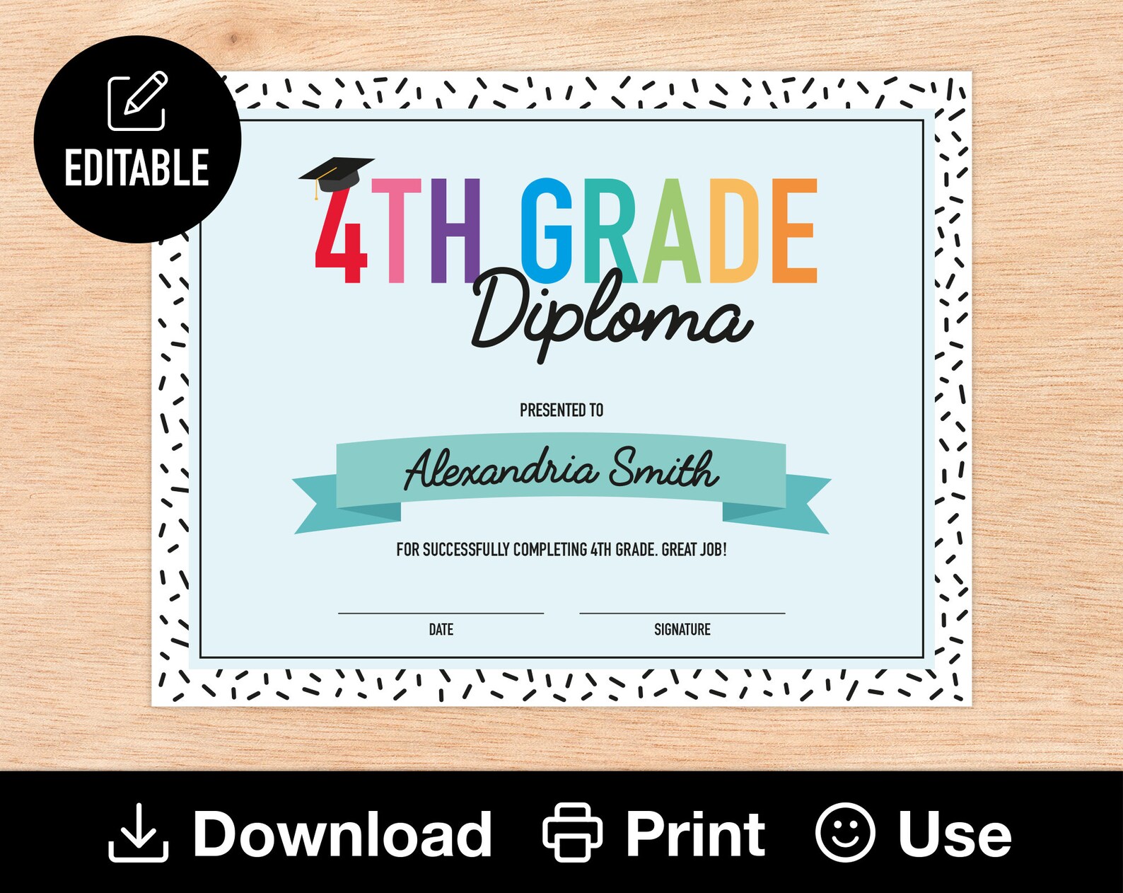 Editable 4th Grade Diploma Printable Certificate for Class - Etsy España