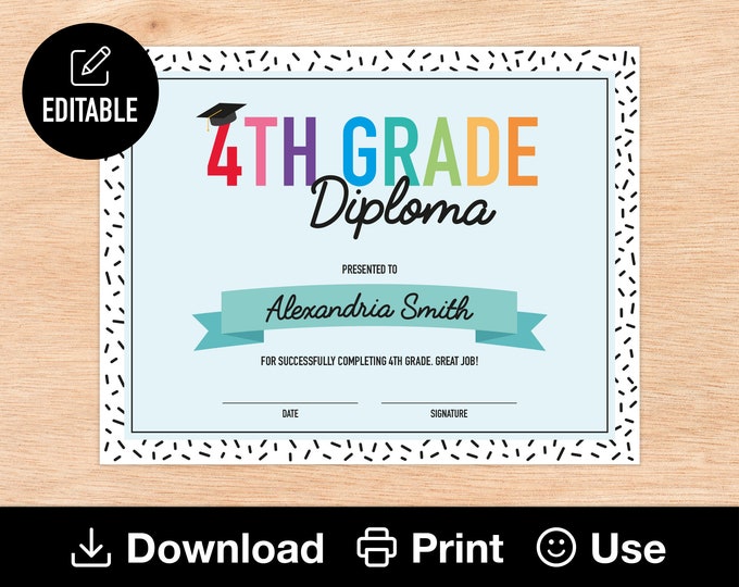 Editable 4th Grade Diploma: Rainbow Graduation Certificate (digital ...