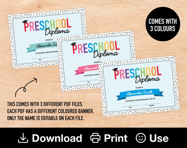 Editable A4 Preschool Diploma, Pre-k Class Printable Certificate, End ...