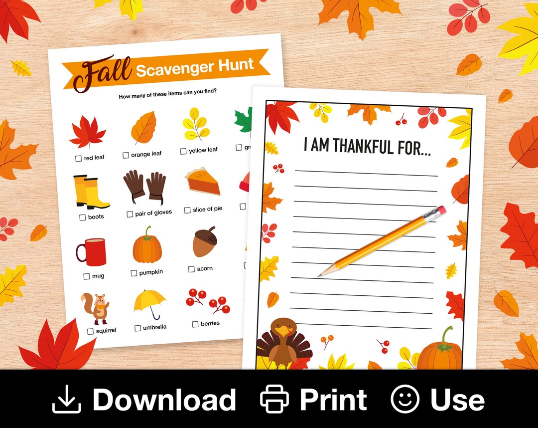 Fall Outdoor Scavenger Hunt Printable & I Am Thankful Writing Activity ...