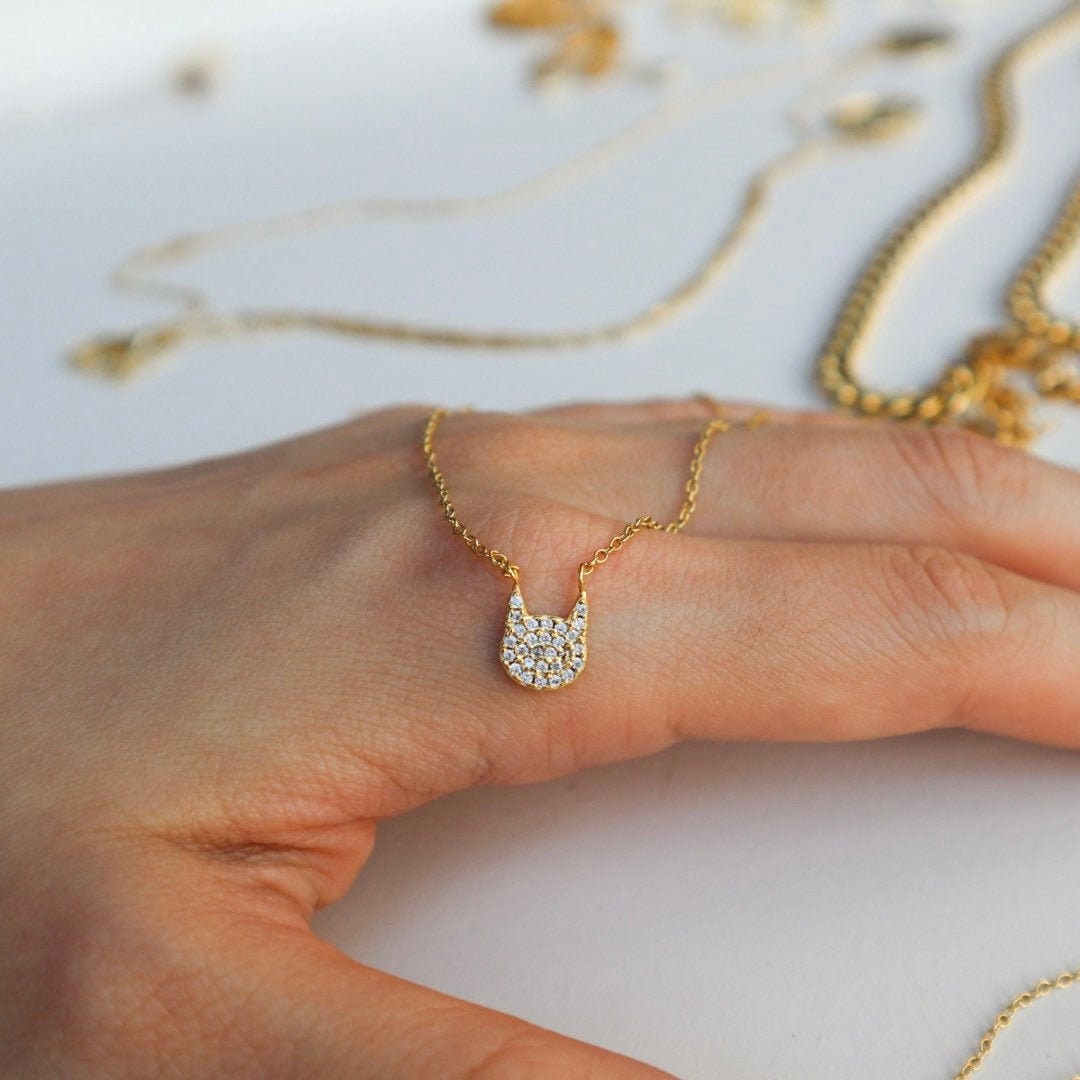 Pave Cat Necklace/ Pendant, Cat, Pet, Cat Lover, Kitty, Kitten, Gold ...