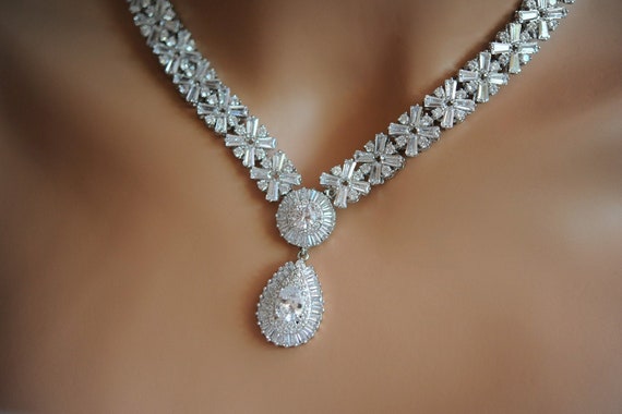 Silver Bridal Jewellery Set for Bride Art Deco Drop Wedding | Etsy