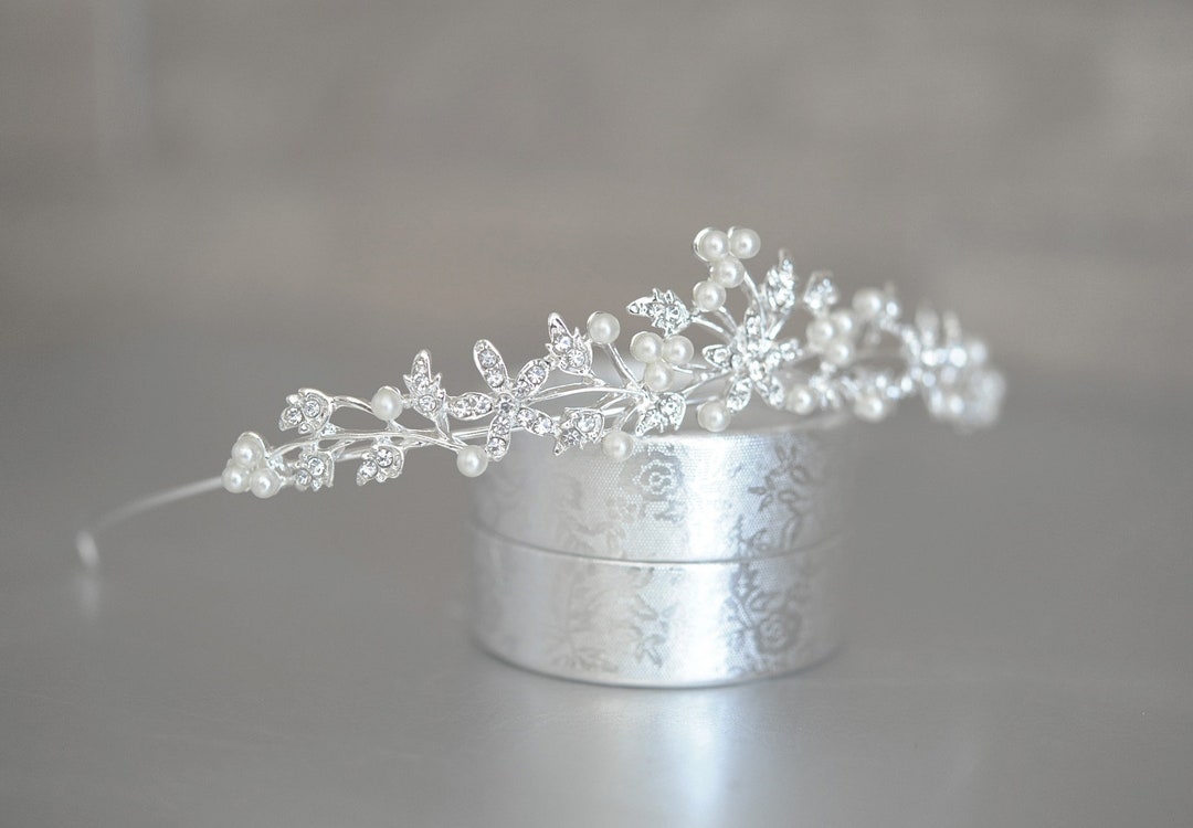 Bridal Pearl Tiara for Bride, Wedding Silver Crown, Simple Pearl Diadem ...
