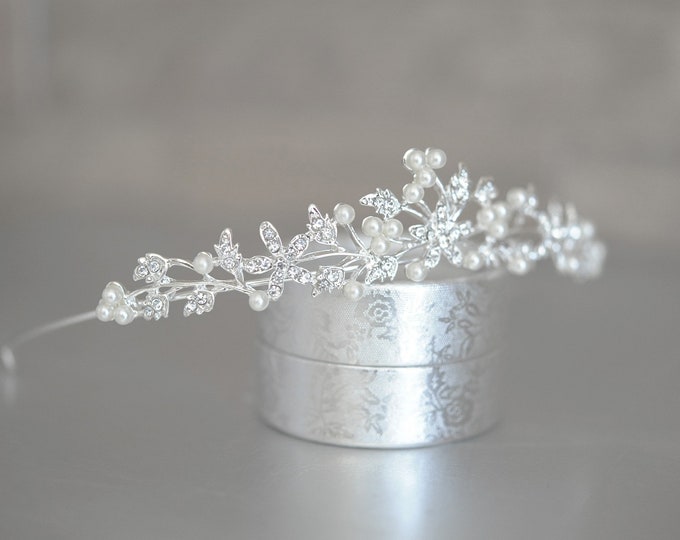 Bridal Pearl Tiara for Bride, Wedding Silver Crown, Simple Pearl Diadem ...