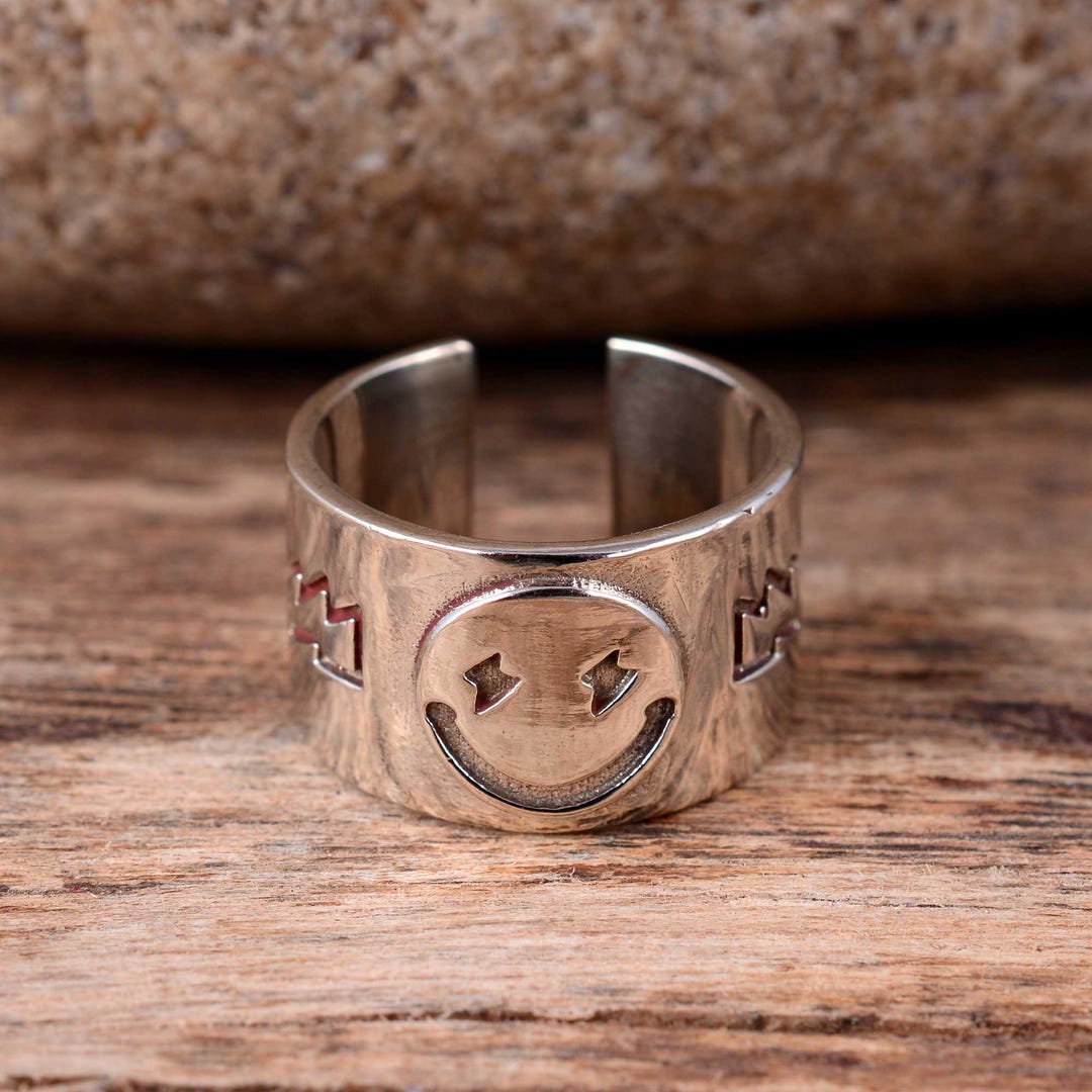 Sterling Silver Smiley Face Band, Emoji, Happy Face Ring, Smiley Ring ...