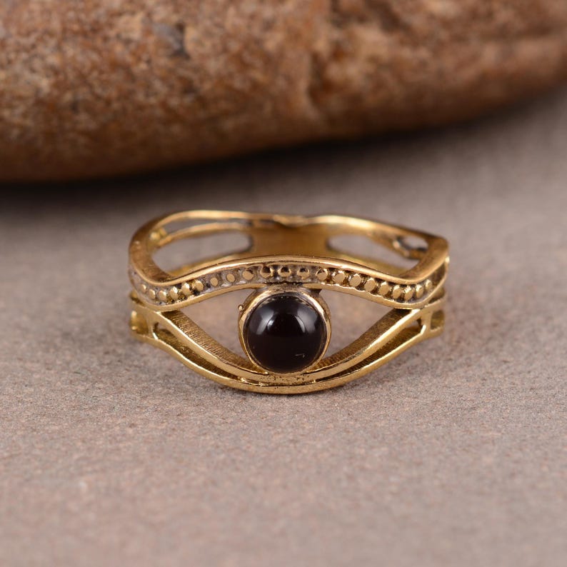 Brass Obsidian Evil Eye Ring: Dainty Protection Ring - Etsy