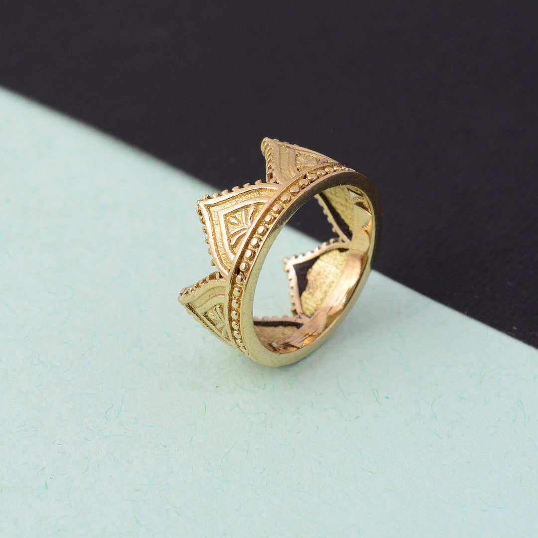 Princess Crown Ring, Gold Brass Crown Ring, Wide Unique Ring, Crown ...