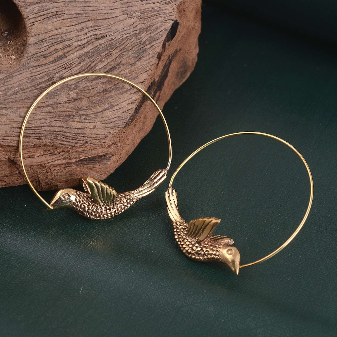 Gold Flying Bird Hoop Earrings: Antique Style, Lightweight - Etsy