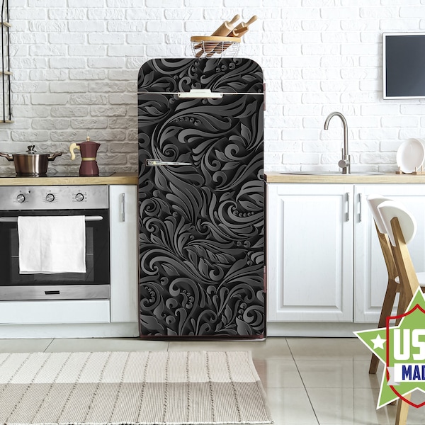 Black Fridge Wrap Floral, Refrigerator Wrap Vinyl, Side by Side Fridge ...