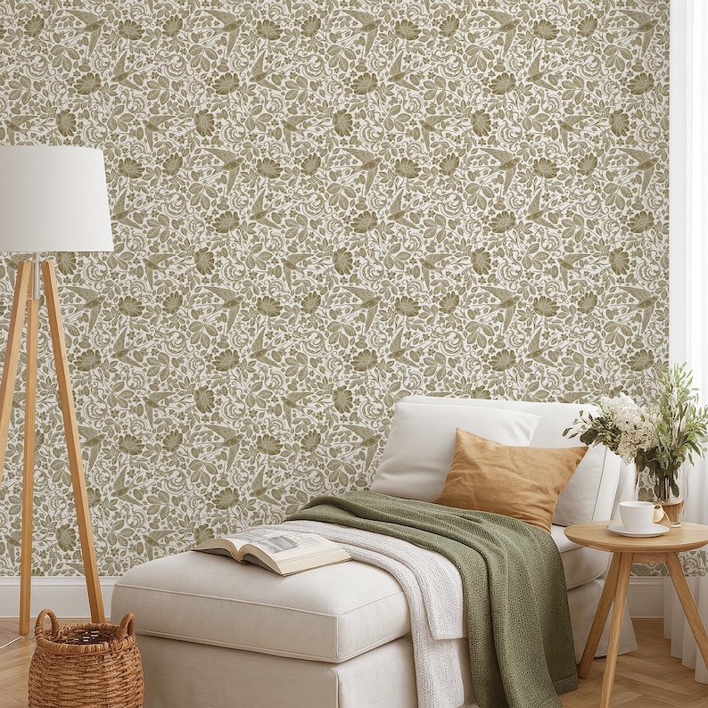 Botanical Wallpaper Rustic, Olive Green Vintage Bird Floral Wallpaper ...