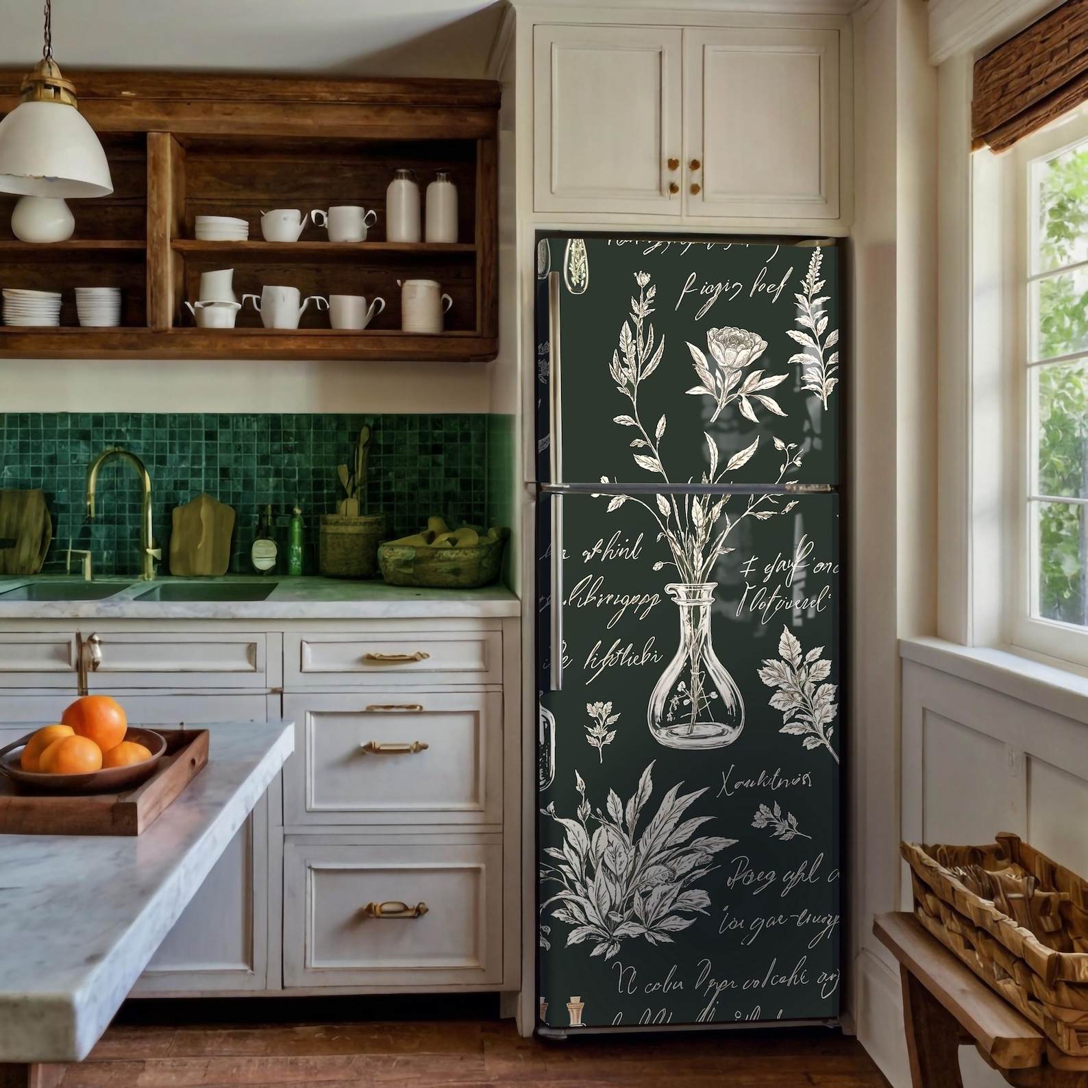 Fridge Wrap Floral Witchy Decor for Kitchen, Green Fridge Vinyl Wrap ...