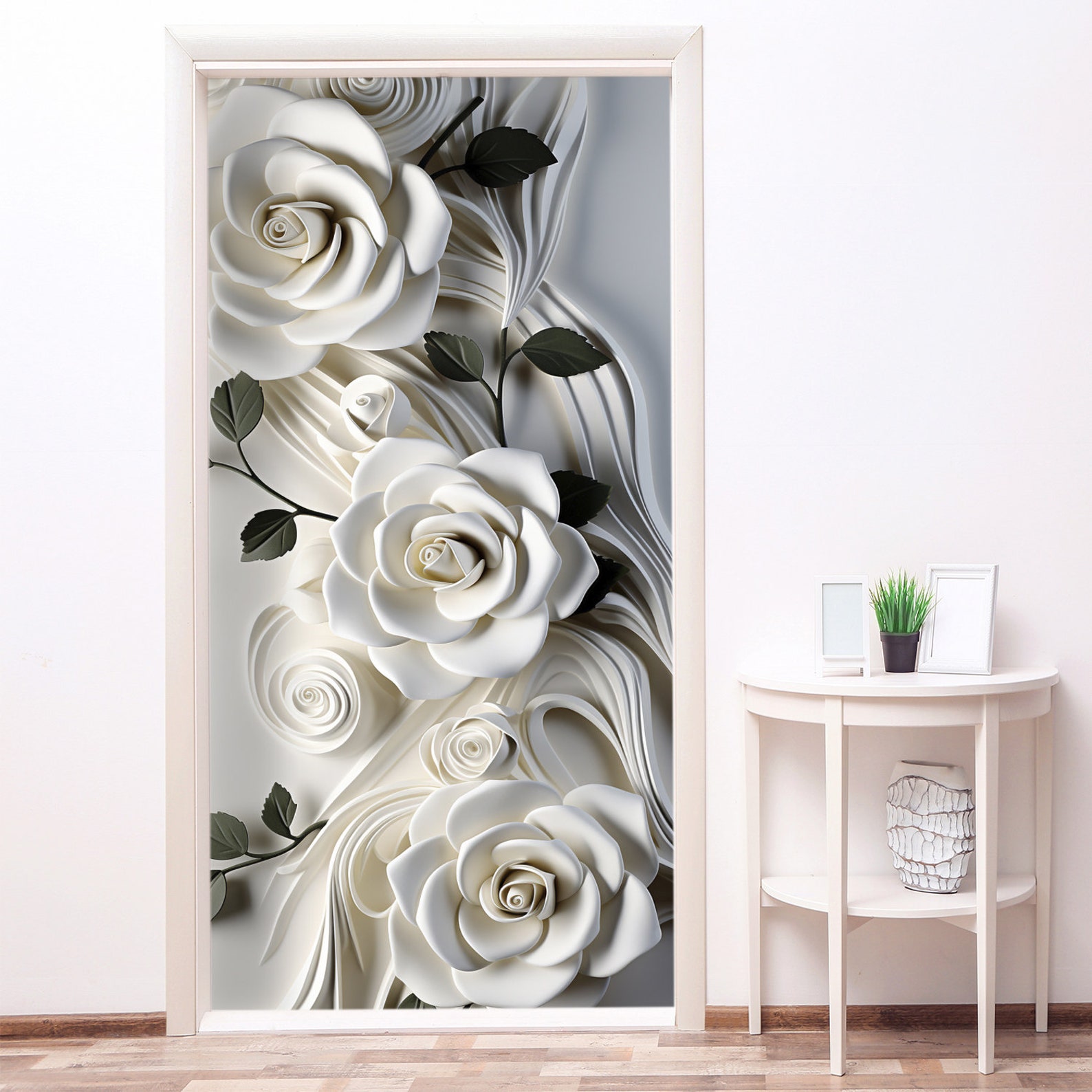 White Flowers Sticker Mural for Door, Window Wall Fridge Sticker Peel ...