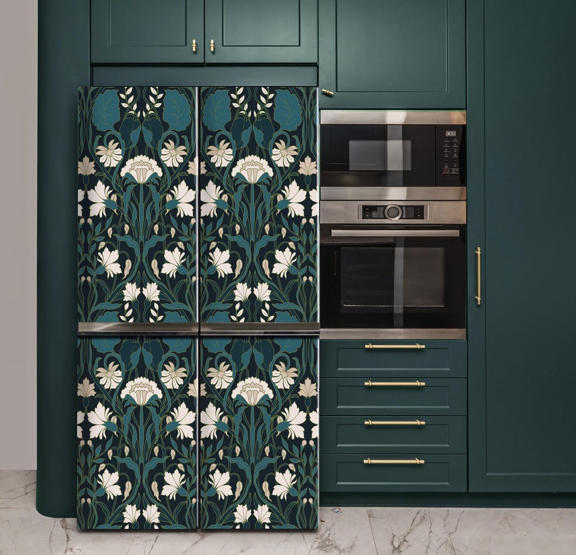 Green Floral Fridge Wrap, Peel & Stick Refrigerator Cover, Vintage ...