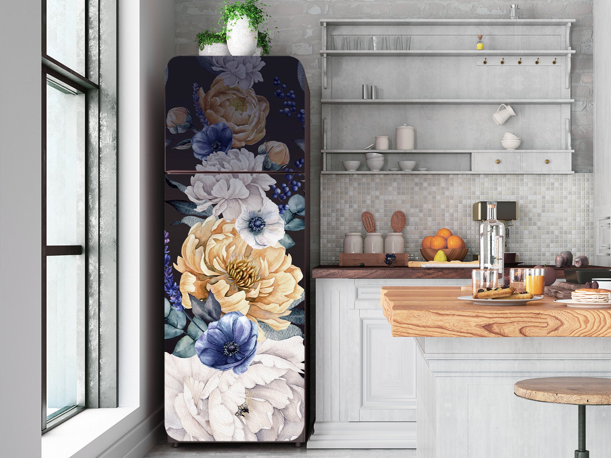 Blue flowers Decal Fridge Peonies Floral Wall Fridge | Etsy