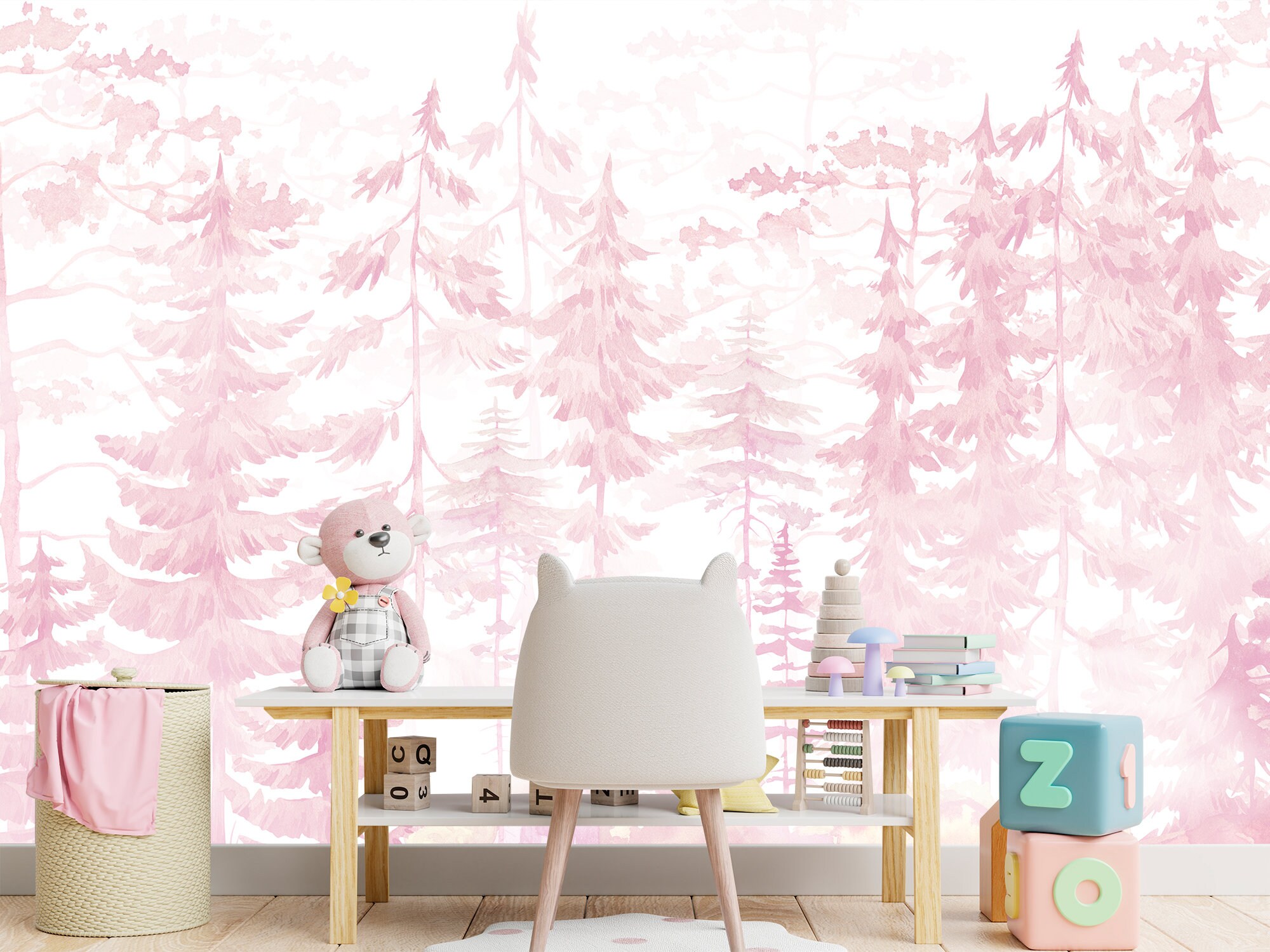 Soft Pink Forest Wallpaper for Baby Girl Room Watercolor - Etsy
