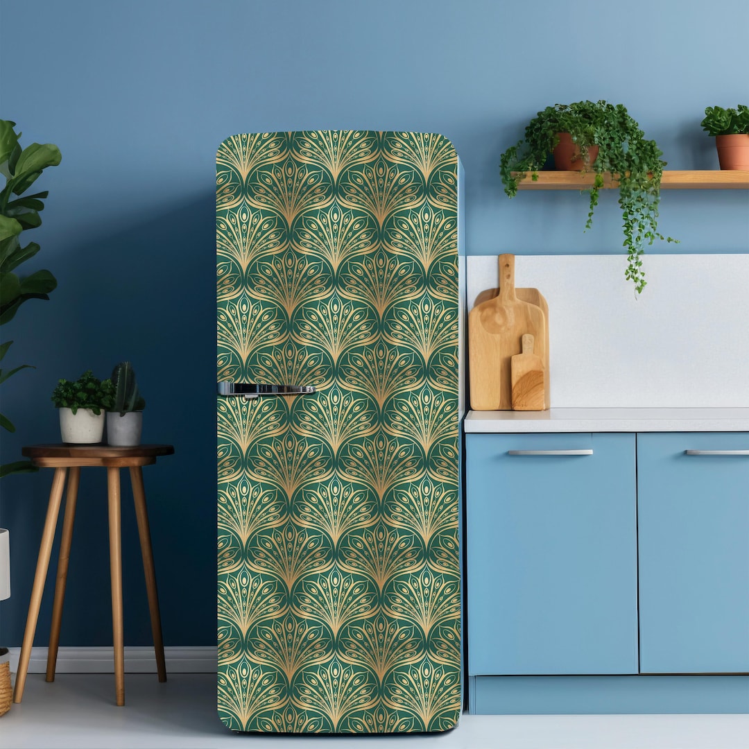 Green Fridge Wrap for Art Deco Kitchen Decor, Vintage Fridge Sticker ...