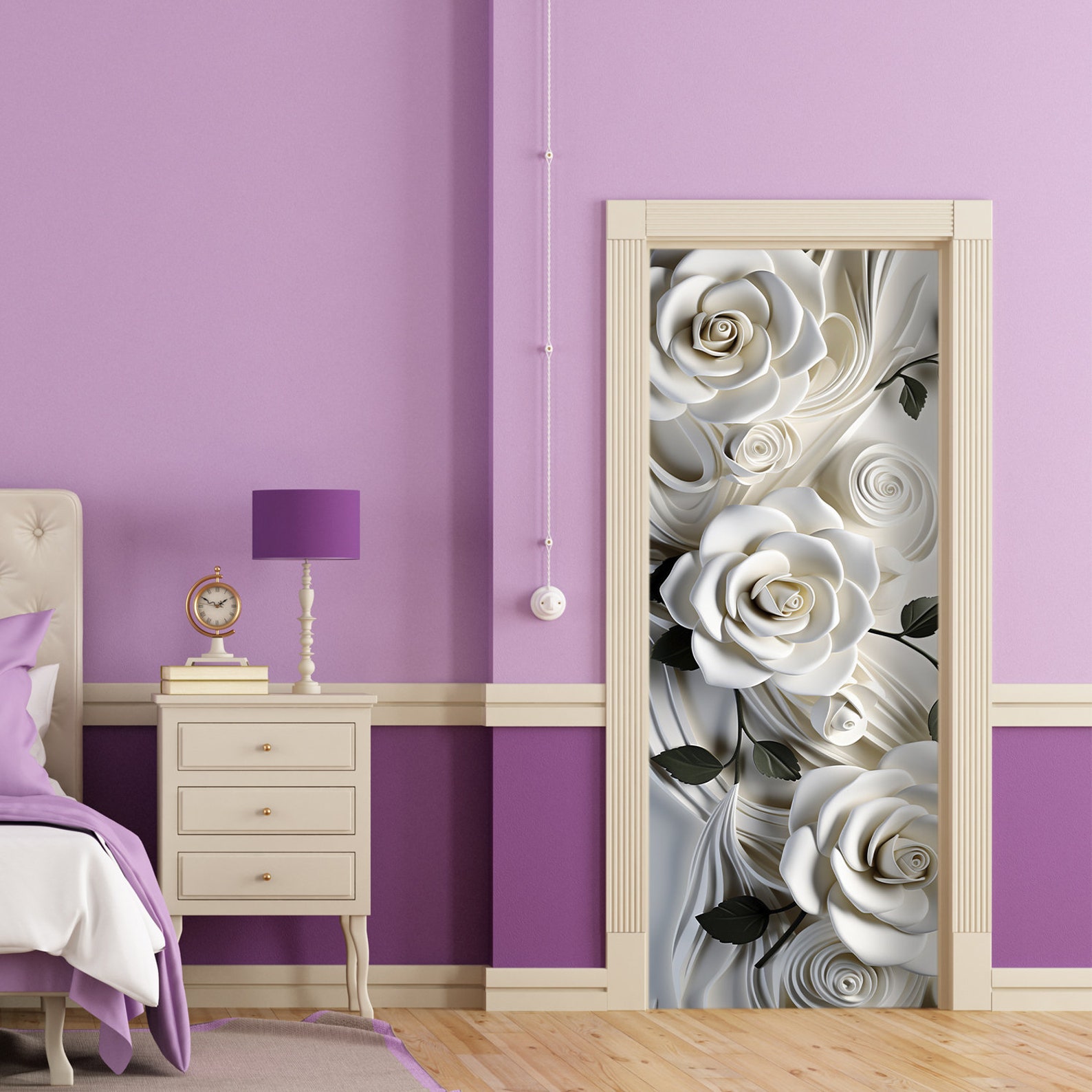 White Flowers Sticker Mural for Door, Window Wall Fridge Sticker Peel ...