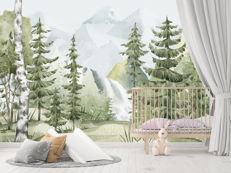 Woodland Theme Neutral Forest Wallpaper Boy Girl Room, Ombre Mountain ...