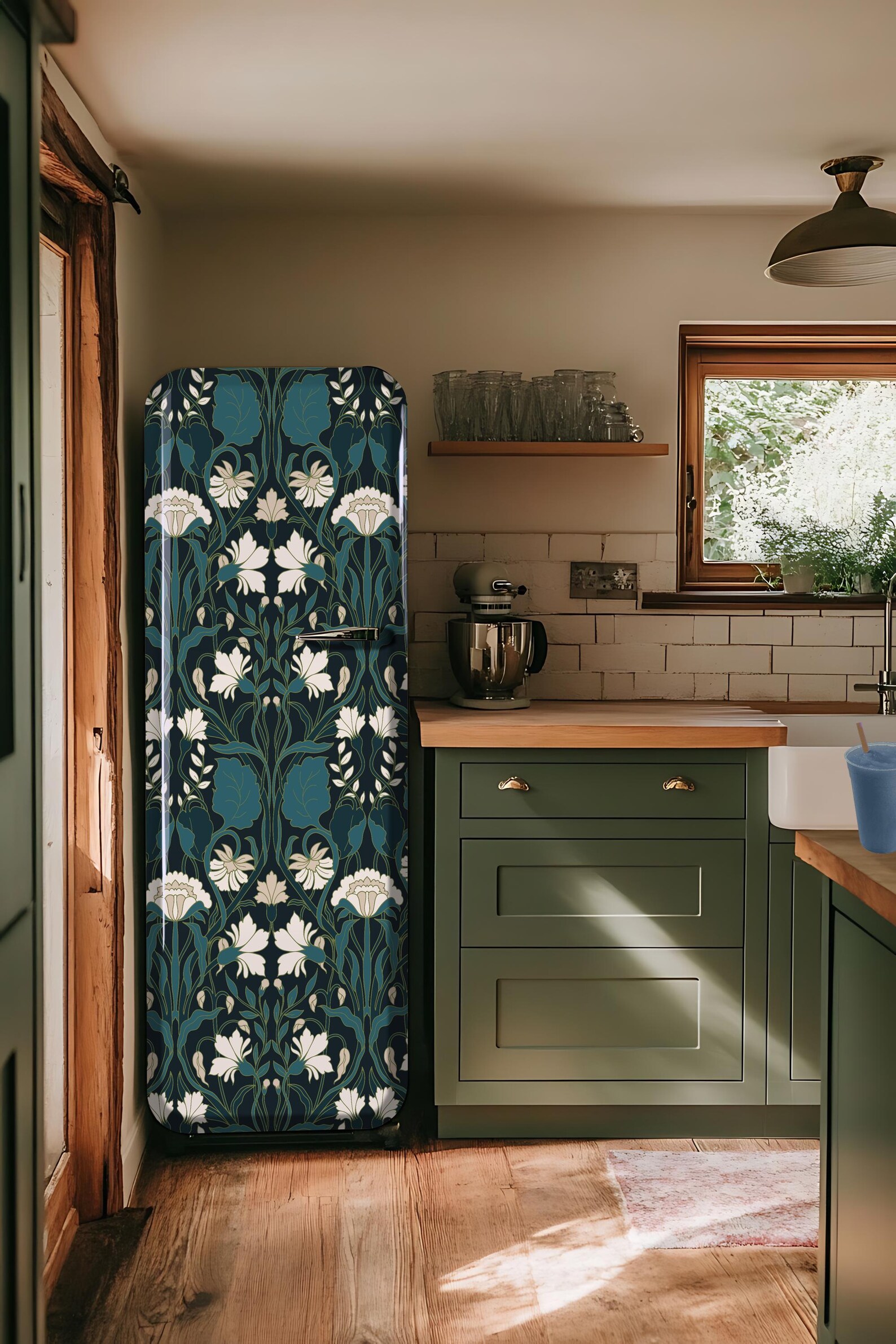 Green Floral Fridge Wrap, Peel & Stick Refrigerator Cover, Vintage ...