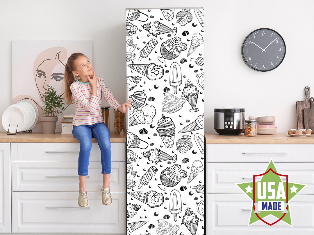 Ice Cream Watercolor Sticker Fridge Cover Fridge Wall Decals Peel and ...