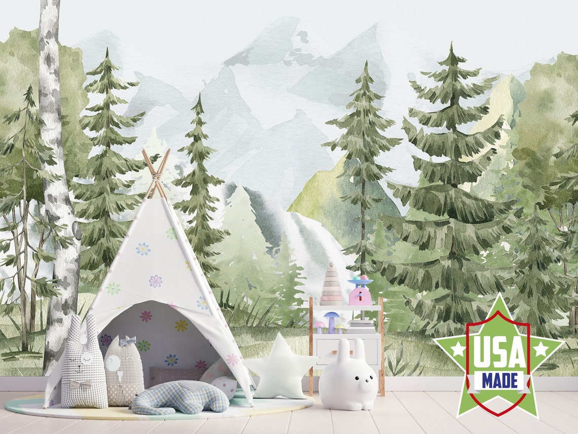 Woodland Theme Neutral Forest Wallpaper Boy Girl Room, Ombre Mountain ...